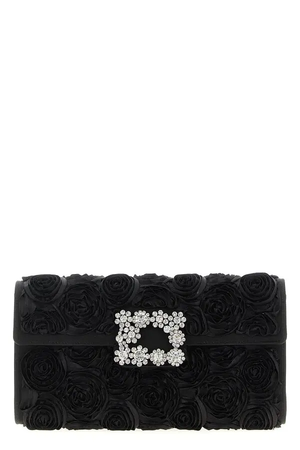 ROGER VIVIER Envelope Flap Rose Flower Buckle' Clutch - Black