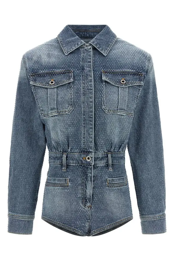 SELF-PORTRAIT Denim Bodysuit With All-over Rhinestones