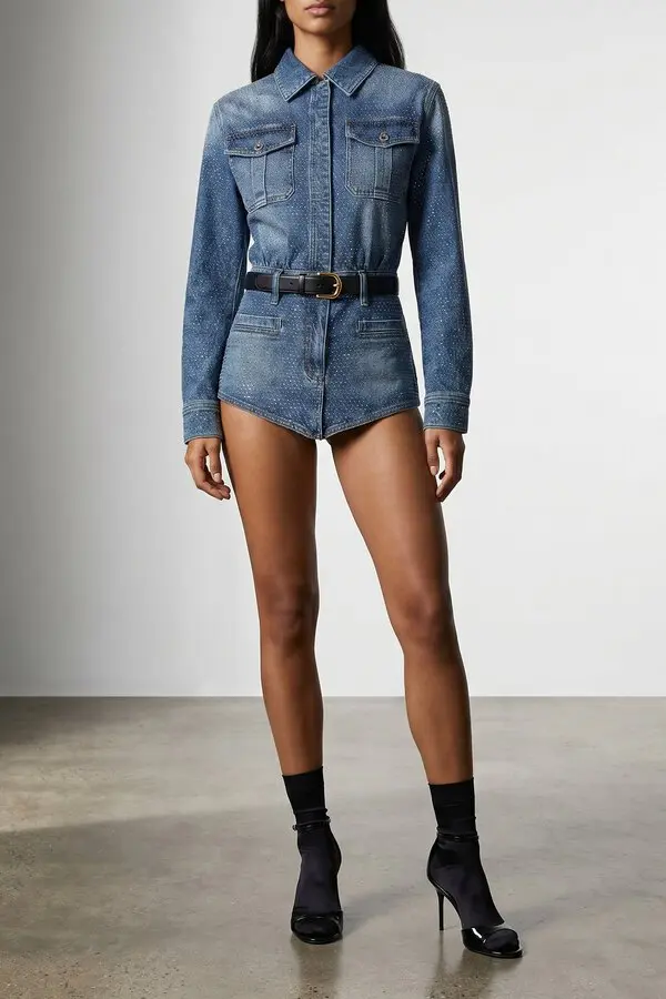 SELF-PORTRAIT Denim Bodysuit With All-over Rhinestones