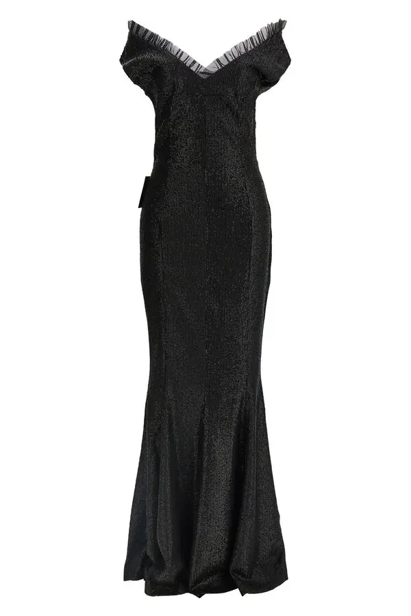 Norma Kamali Sequin Gown With Tulle Trim - Black