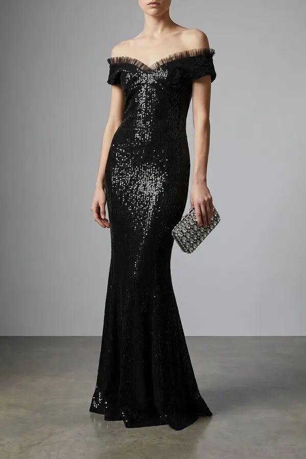 Norma Kamali Sequin Gown With Tulle Trim
