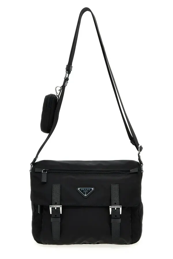 Prada Crossbody Bag With Silver-tone Metal Buckles - Black