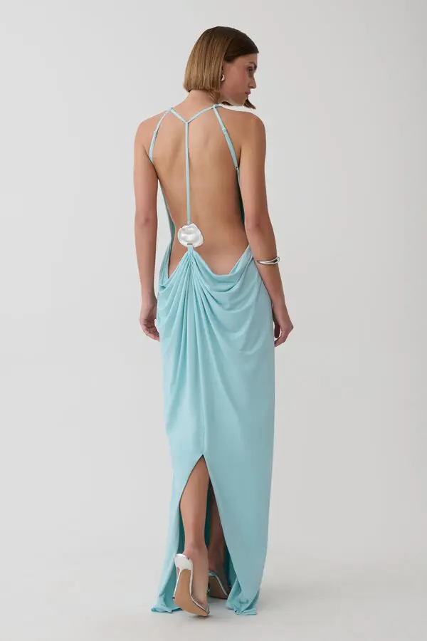 Meshki Bahari Low Back Halter Maxi Dress