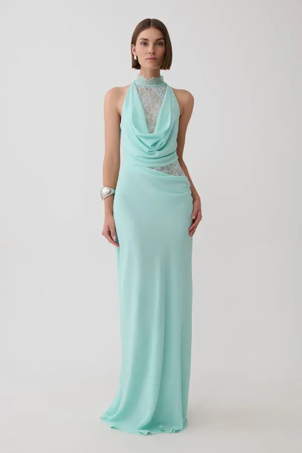 Meshki Arra Chiffon And Lace Halter Maxi Dress - Blue