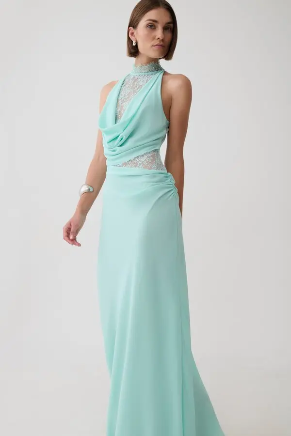 Meshki Arra Chiffon And Lace Halter Maxi Dress