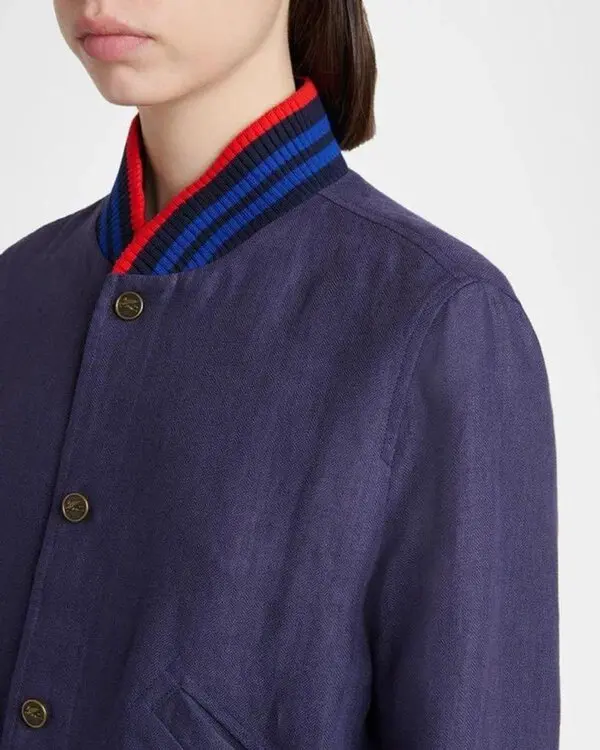 Etro Linen-blend Herringbone & Striped Knit Bomber Jacket