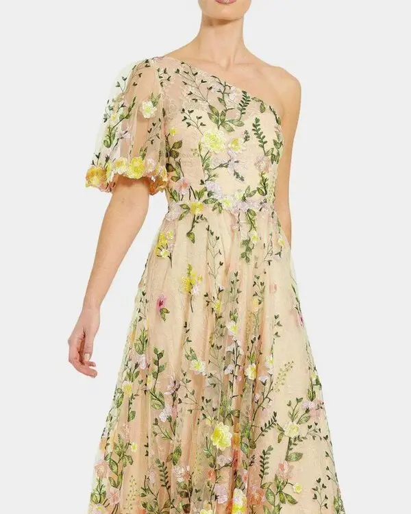 Mac Duggal Floral Embroidered One-shoulder Midi-dress