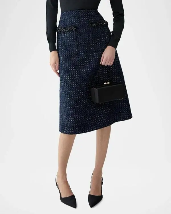 Carolina Herrera Embellished Pocket Tweed A-line Midi Skirt - Indigo Multi