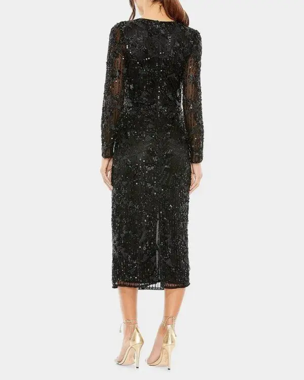 Mac Duggal High-neck Beaded Long-sleeve Midi Dress