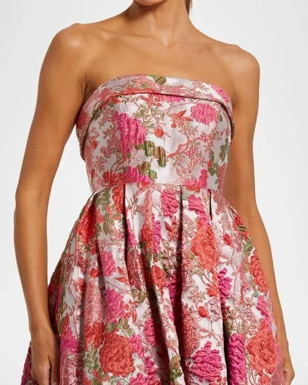 Mac Duggal Floral Brocade Fit-and-flare Strapless Midi Dress - Pink Multi