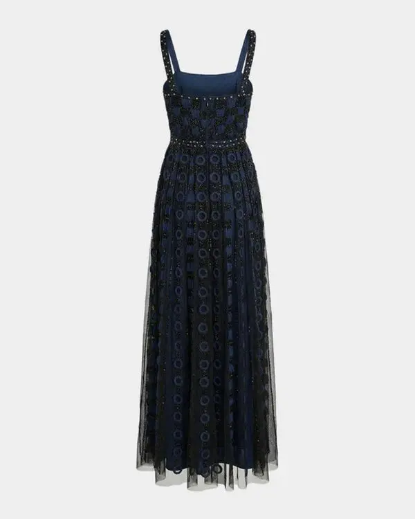 Mac Duggal Square-neck Embroidered Mesh Gown