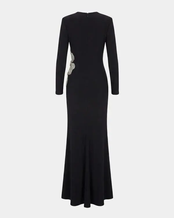 Mac Duggal Jersey Beaded Floral Long-sleeve Gown