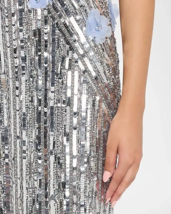 Pamella Roland Strapless Flower Embroidered Sequin Tulle Column Gown - Silver/sky