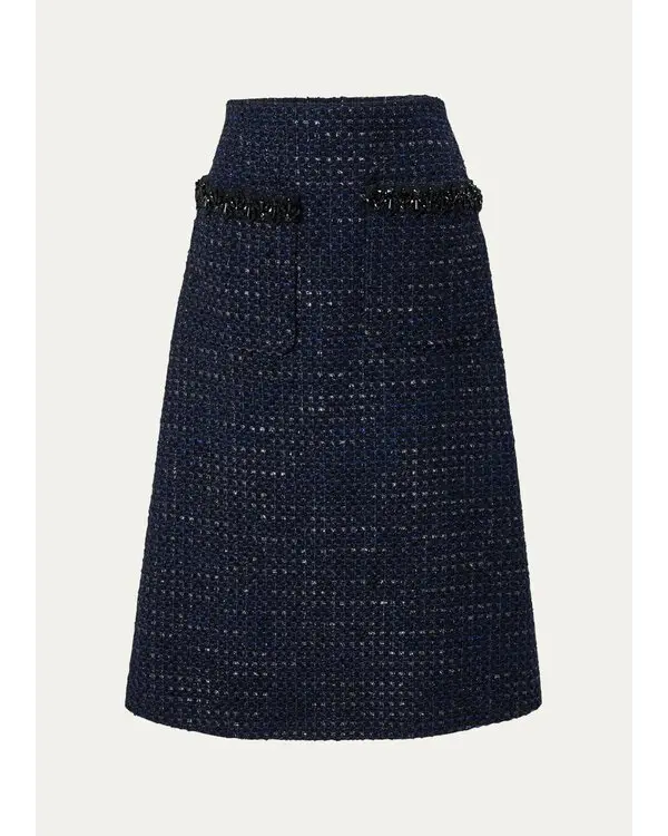 Carolina Herrera Embellished Pocket Tweed A-line Midi Skirt - Indigo Multi