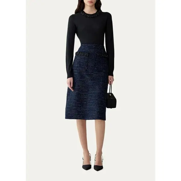 Carolina Herrera Embellished Pocket Tweed A-line Midi Skirt