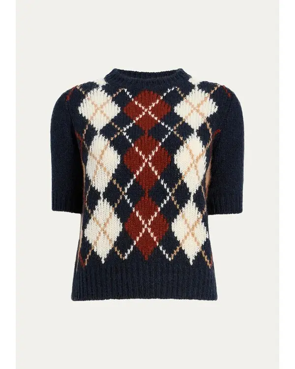 Khaite Lisa Argyle Cashmere-mohair Knit Short-sleeve Sweater - Navy Multi