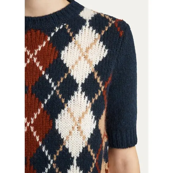 Khaite Lisa Argyle Cashmere-mohair Knit Short-sleeve Sweater - Navy Multi