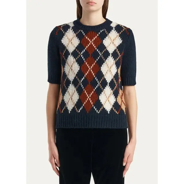 Khaite Lisa Argyle Cashmere-mohair Knit Short-sleeve Sweater - Navy Multi