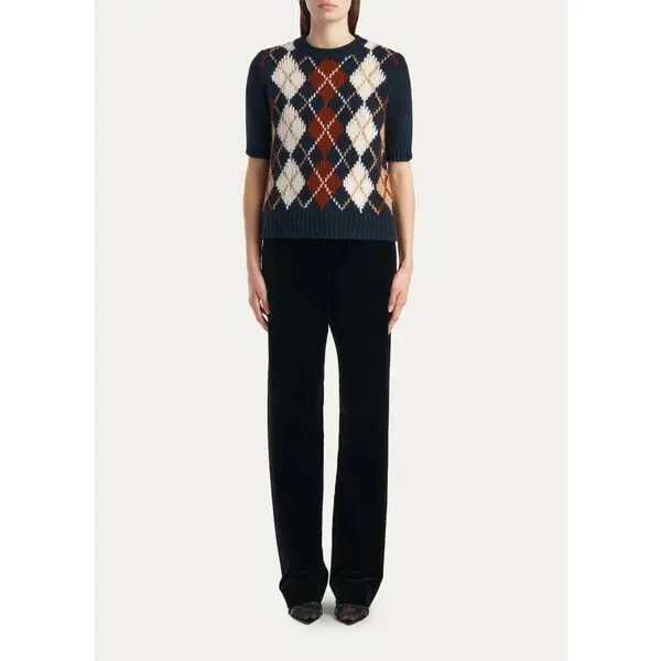 Khaite Lisa Argyle Cashmere-mohair Knit Short-sleeve Sweater - Navy Multi