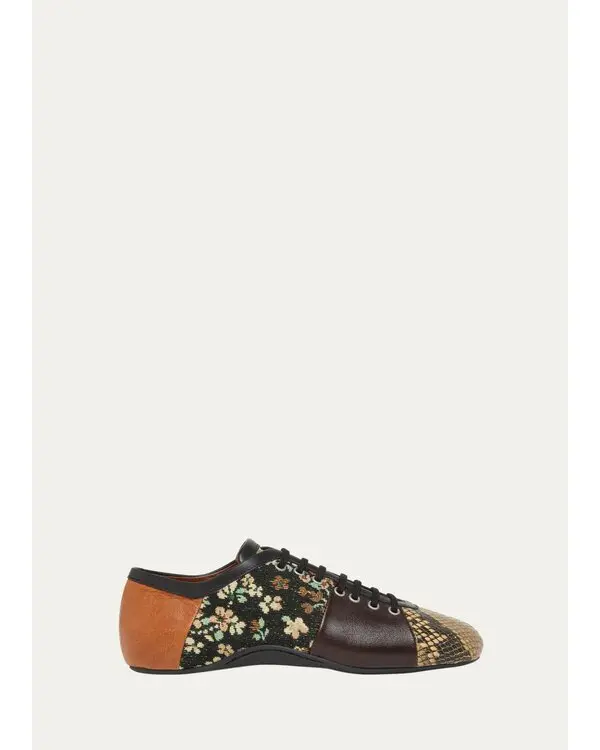 Dries Van Noten Floral Jacquard & Snakeskin Embossed Leather Low-top Sneakers