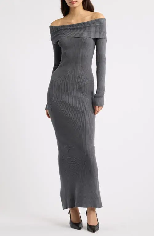Princess Polly Phylis Off The Shoulder Ribbed Maxi Dress - Slate
