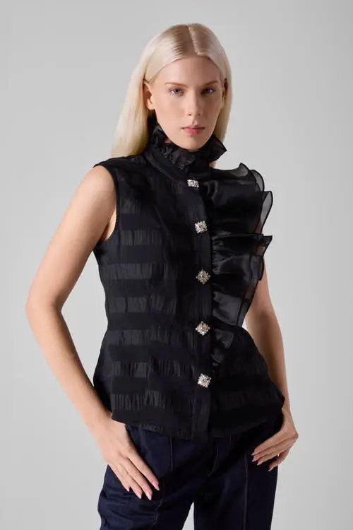 LE FAFO Asymmetrical Ruffle Top - Black
