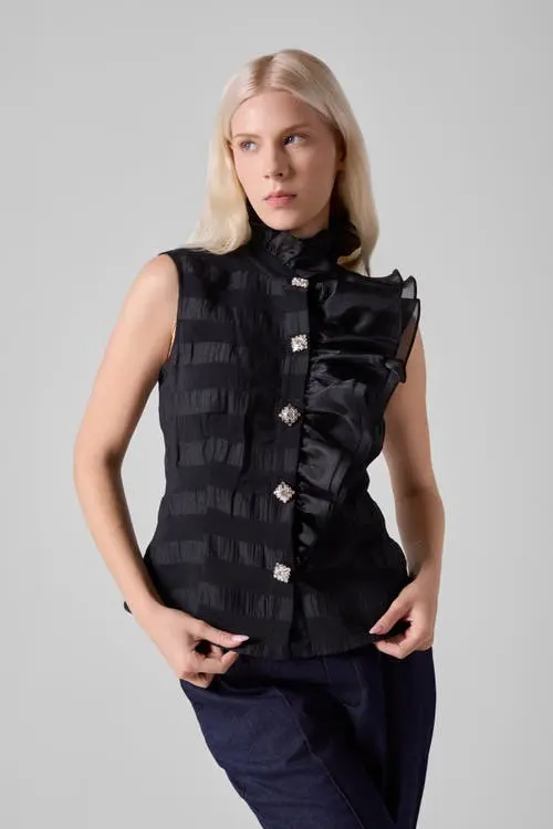 LE FAFO Asymmetrical Ruffle Top - Black
