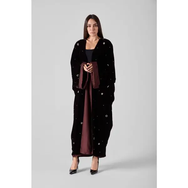 LE FAFO Velvet Embellished Abaya Kaftan - Brown