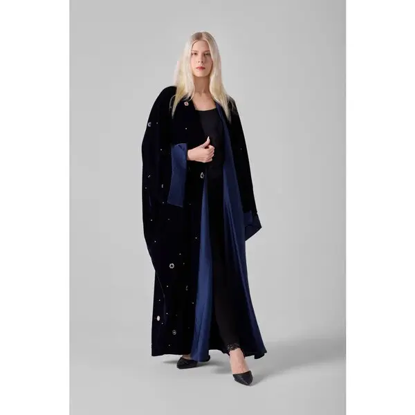 LE FAFO Velvet Embellished Abaya Kaftan - Navy