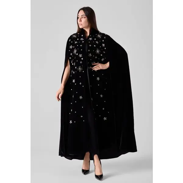 LE FAFO Star Velvet Embellished Cape - Black
