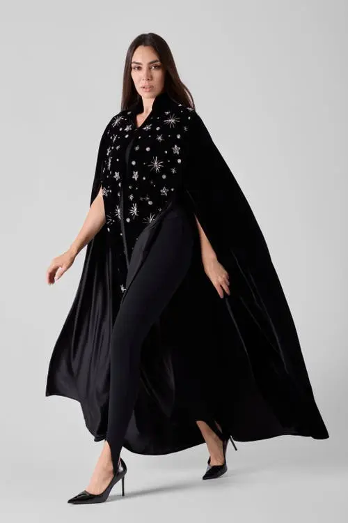LE FAFO Star Velvet Embellished Cape - Black