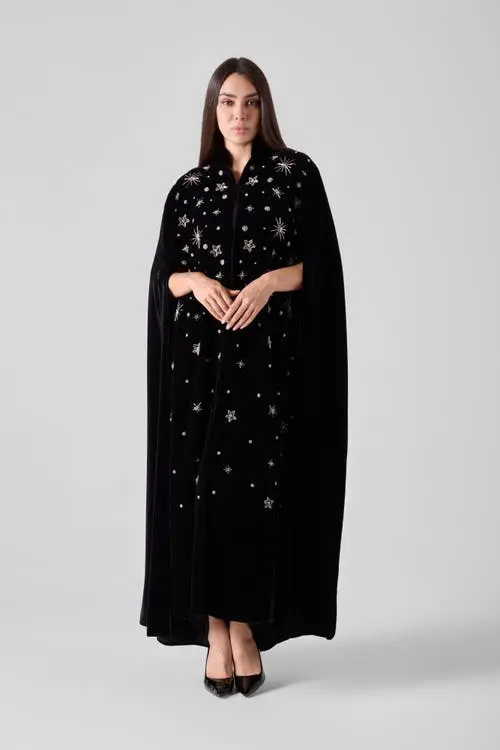 LE FAFO Star Velvet Embellished Cape - Black