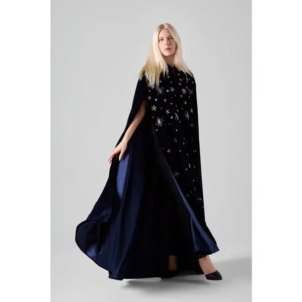 LE FAFO Star Velvet Embellished Cape - Navy