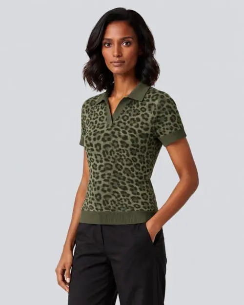 LORDS OF HARLECH Merino Silk Cashmere Sweater Polo - Leopard Sage