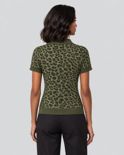 LORDS OF HARLECH Merino Silk Cashmere Sweater Polo - Leopard Sage