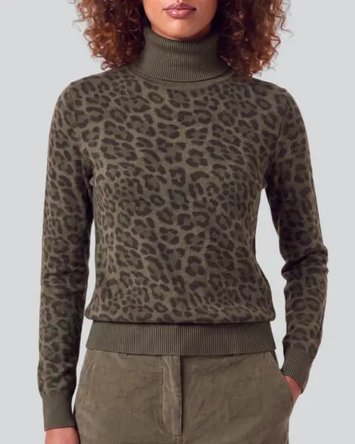 LORDS OF HARLECH Merino Silk Cashmere Turtleneck Sweater - Leopard Sage