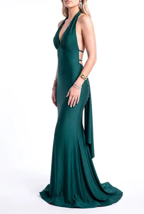 JESSICA ANGEL Halter Plunge Strappy Back Drape Mermaid Evening Gown - Forest Green