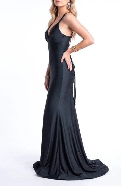 JESSICA ANGEL Double-strap Plunge Lace-up Back Mermaid Evening Gown - Black