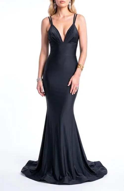 JESSICA ANGEL Double-strap Plunge Lace-up Back Mermaid Evening Gown - Black