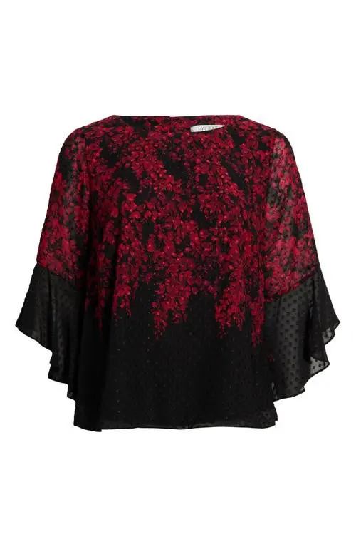 KASPER Ruffle Sleeve Clip Dot Chiffon Top - Black Multi