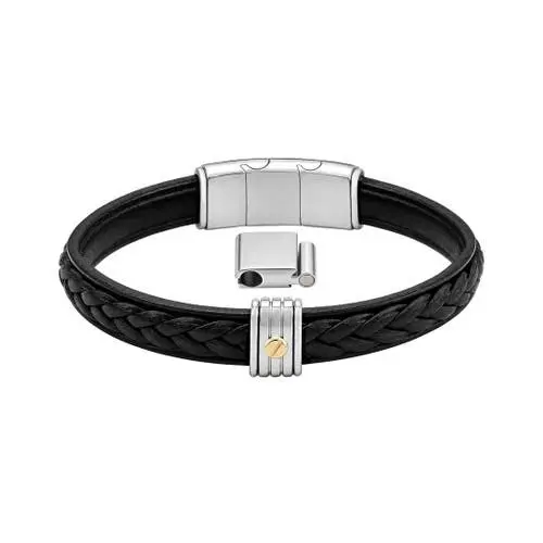 LINK UP Braid On Leather Band & Gold Vermaile Detail Bracelet - Black
