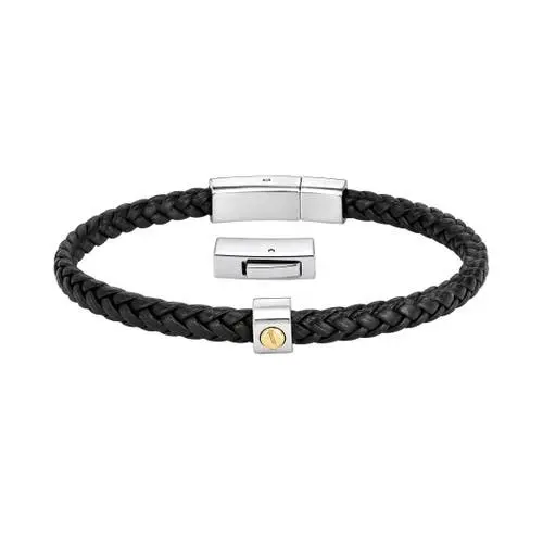 LINK UP Braided Leather Signature Steel Bracelet With Gold Detail - Black