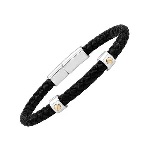 LINK UP Two-tone Braided Leather Double Steel Bracelet - Black