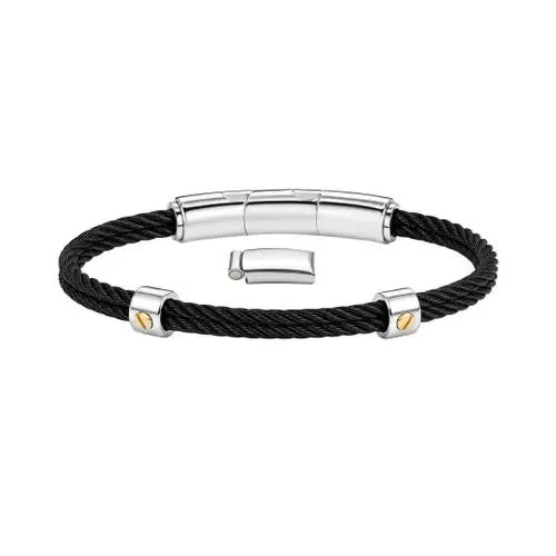 LINK UP Double Steel Cable Bracelet With Gold Link Detail - Black