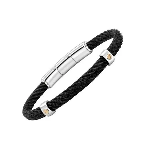 LINK UP Double Steel Cable Bracelet With Gold Link Detail - Black