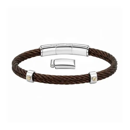 LINK UP Double Steel Cable Bracelet With Gold Link Detail - Brown