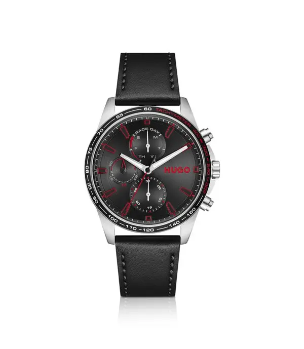Hugo Drift Black-dial Watch With Black Leather Strap