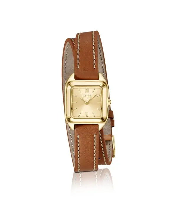 BOSS Mae Petite Gold-tone Watch With Double-wrap Leather Strap