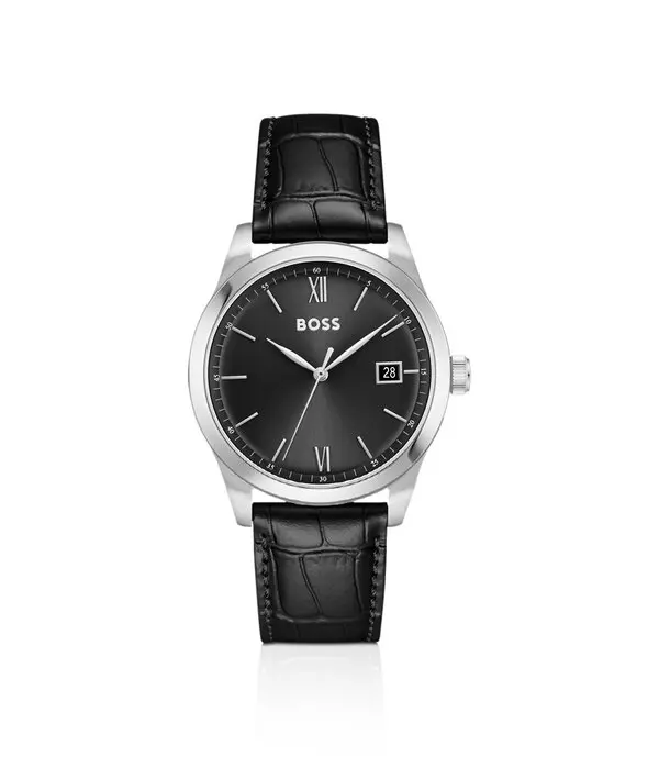 BOSS Langford Black Dial Watch With Croc-emed Leather Strap