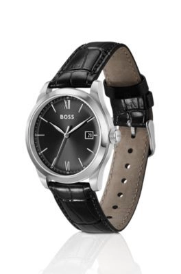 BOSS Langford Black Dial Watch With Croc-emed Leather Strap